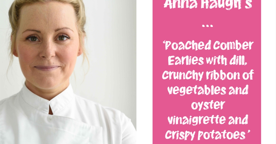 Poached Comber Earlies with dill, crunchy ribbon of vegetables, oyster ...